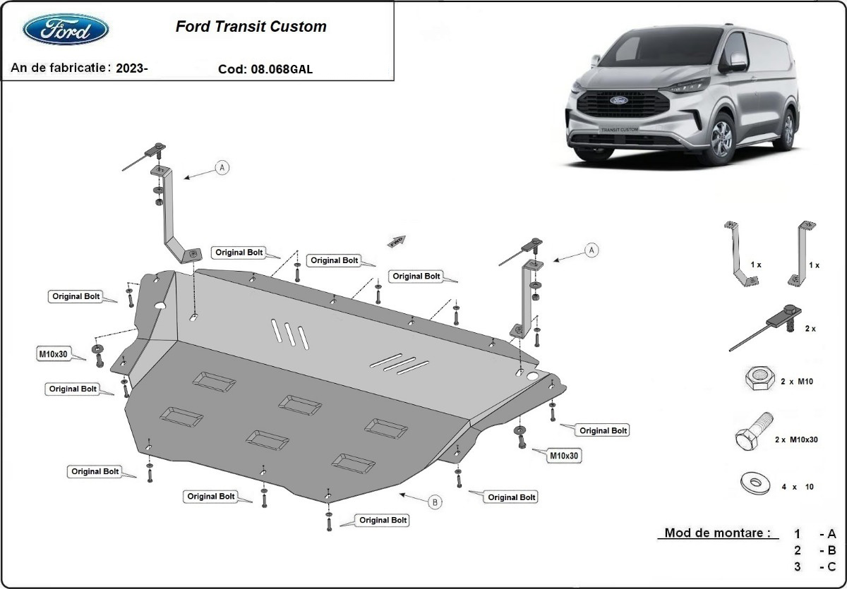 Galvanized steel skid plate for Ford Transit Custom (2023-2025)
